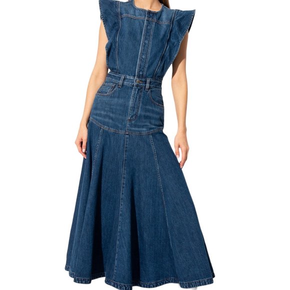 Chloe | Dresses | Chloe Denim Flared Basque Capsleeve Midi Dress Size ...